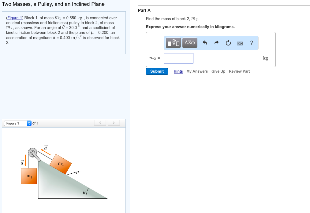 Solved Two Masses, a Pulley, and an Inclined Plane Block 1, | Chegg.com
