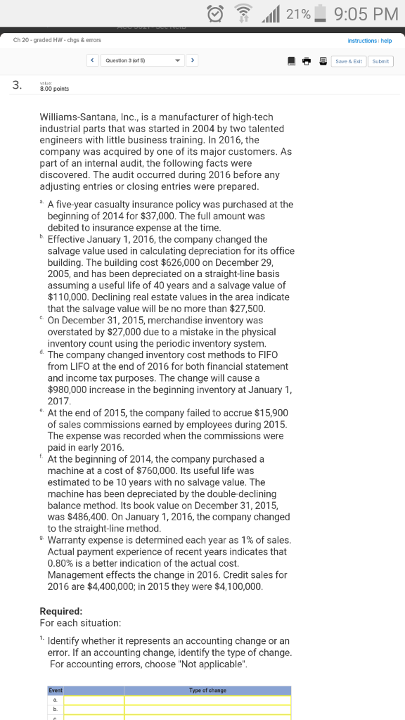Solved 21% 9:05 PM Ch 20-graded HW chgs & errors | Chegg.com