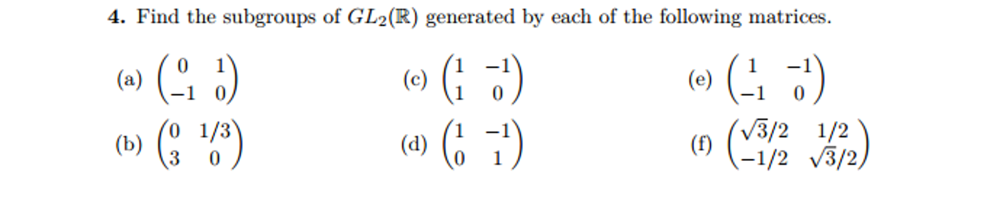 Solved Find the subgroups of GL_2(R) generated by each of | Chegg.com