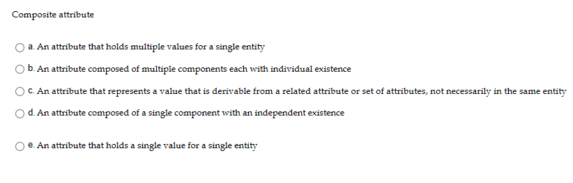 Solved Composite attribute O a. An attribute that holds | Chegg.com