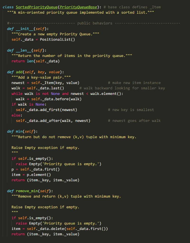 Solved class SortedPriorityOueue(PriorityOueueBase): # base | Chegg.com