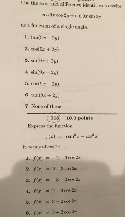Solved Use the sum and difference identities to write cos 9x | Chegg.com