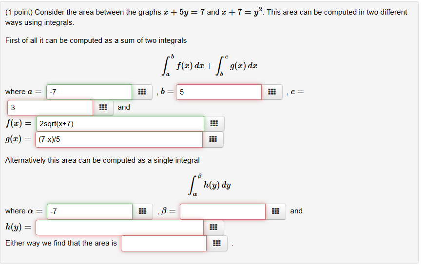 Solved Consider the area between the graphs x + 5y = 7 and x | Chegg.com