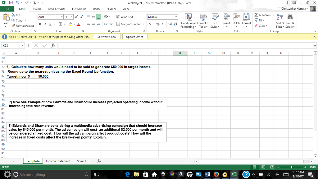 Solved Excel Project 2 S17 v3template [Read-Only)-Excel E | Chegg.com