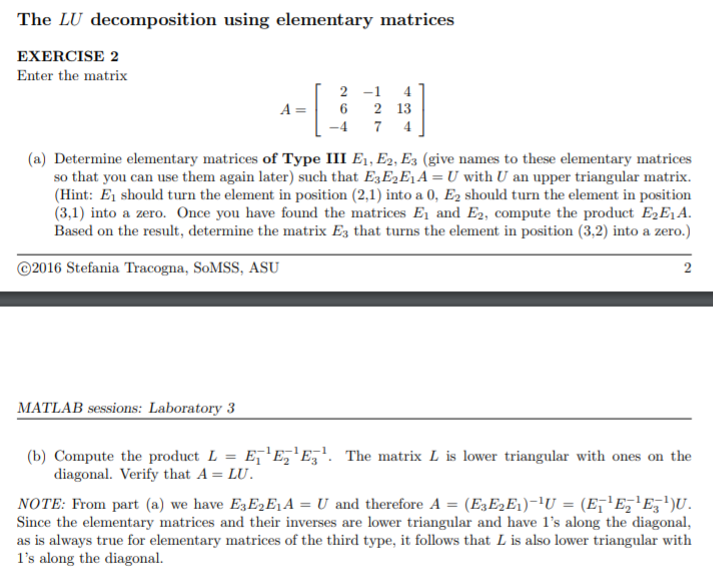 Solved The LU decomposition using elementary matrices | Chegg.com