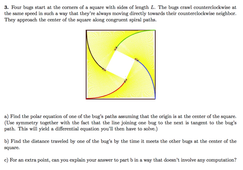 Solved Four bugs start at the corners of a square with sides | Chegg.com