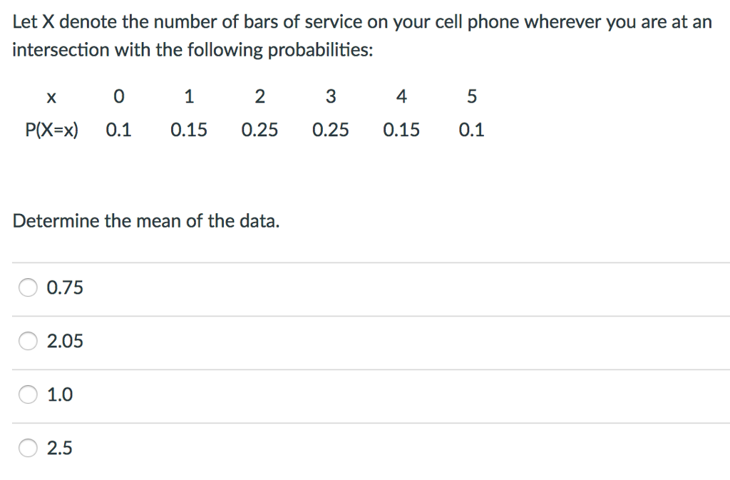 Solved Let X denote the number of bars of service on your | Chegg.com Solved Let X denote the number of bars of service on your | Chegg.com