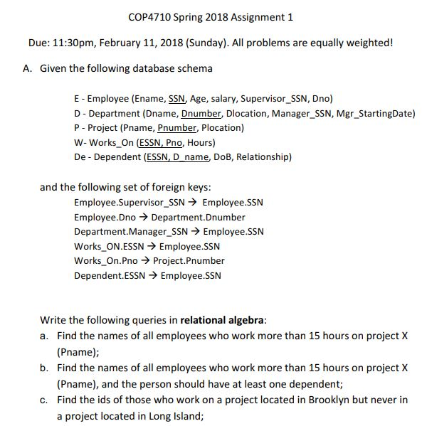 Solved COP4710 Spring 2018 Assignment 1 Due: 11:30pm, | Chegg.com