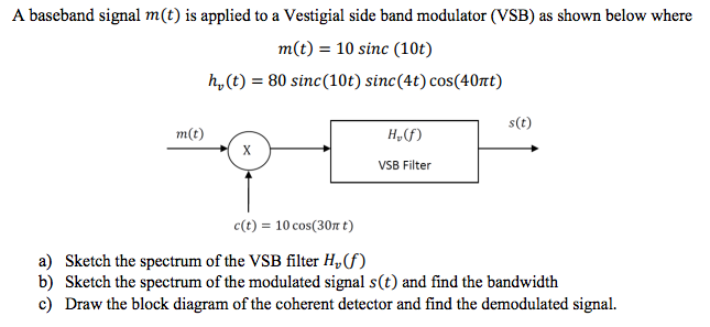 Solved A baseband signal m(t) is applied to a Vestigial side | Chegg.com