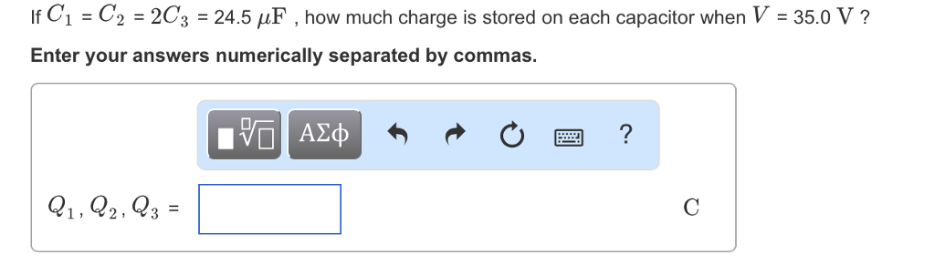 Solved If C1 = C2-2C3-24.5 μF , how much charge is stored on | Chegg.com