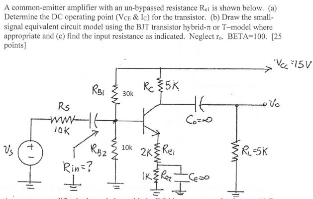 Solved A common-emitter amplifier with an un-bypassed | Chegg.com