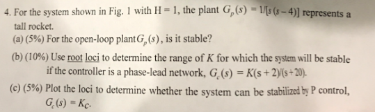 Solved 4. For the system shown in Fig. 1 with H-1, the plant | Chegg.com