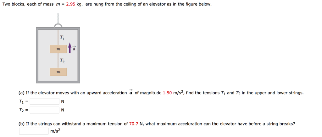 Solved Two blocks, each of mass m = 2.95 kg, are hung from | Chegg.com