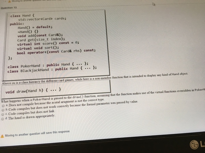 Solved -class Hand {std::vector cards: public: Hand() = | Chegg.com