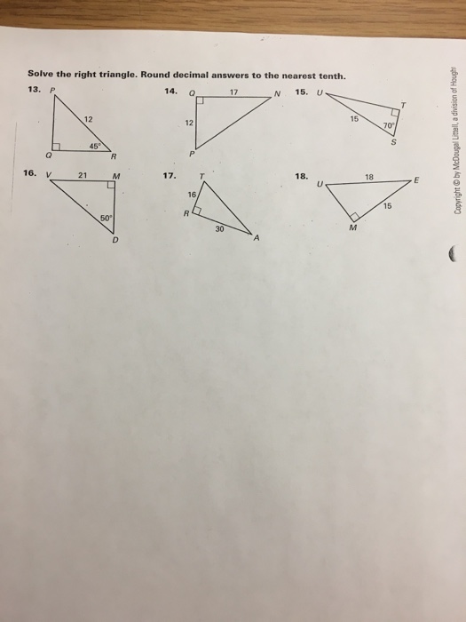 Solved Solve the right triangle. Round decimal answers to | Chegg.com