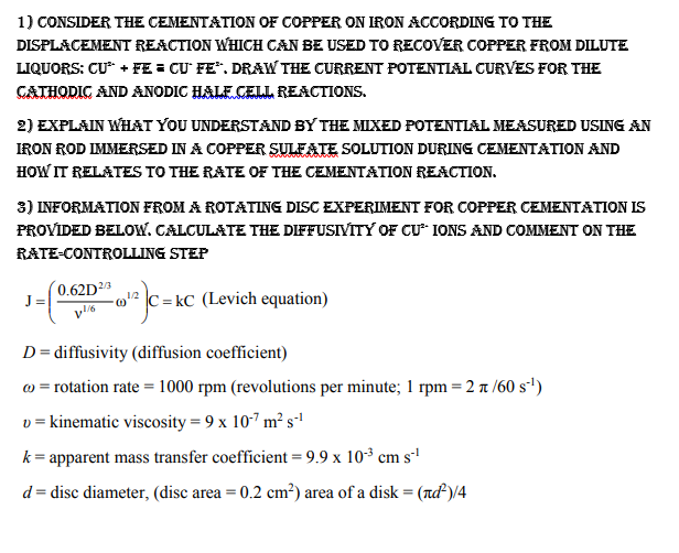 1) CONSIDER THE CEMENTATION OF COPPER ON IRON | Chegg.com