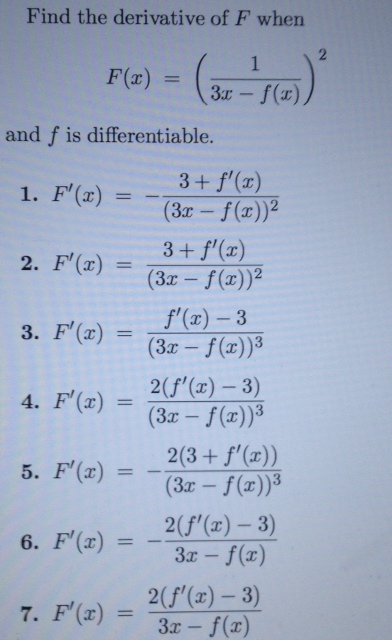 Solved Find the derivative of F when F(x) = (1/3x - f(x)) 2 | Chegg.com
