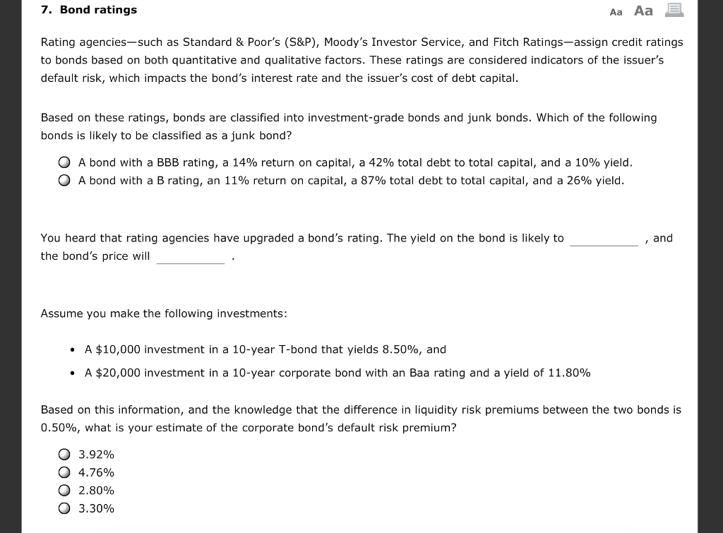 Solved 7. Bond ratings Aa Aa Rating agencies-such as | Chegg.com