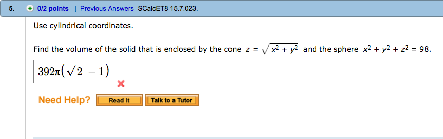 Solved 5. o 0/2 points I Previous Answers SCalcET8 15.7.023 | Chegg.com