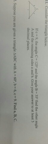 Solved 11. Consider the triangle below. Ifc = 9, the angle C | Chegg.com