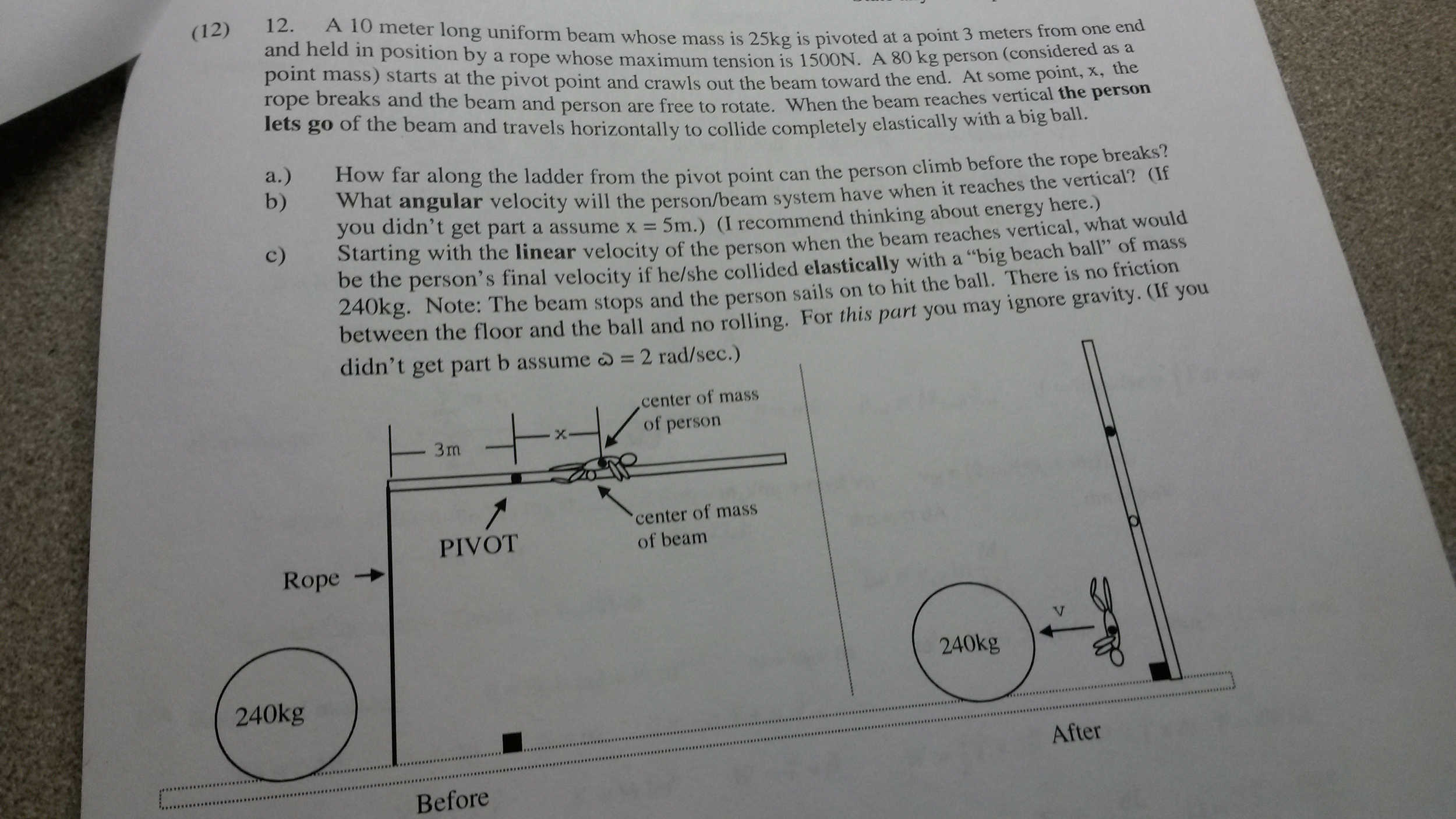 A 10 meter long uniform beam whose mass is 25 kg is | Chegg.com