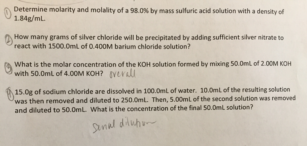 Solved Determine molarity and molality of a 98.0% by mass | Chegg.com