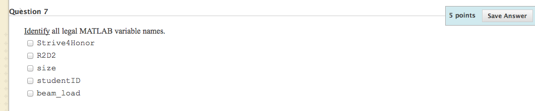 Solved Identify all legal MATLAB variable names. | Chegg.com