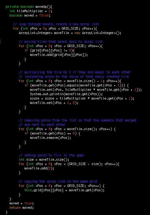 Solved JAVA: Need help with my 2048 game move method! So | Chegg.com