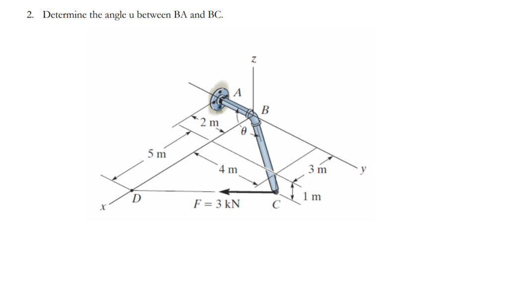 Solved 2. Determine the angle u between BA and BC 2 m 4 m F' | Chegg.com