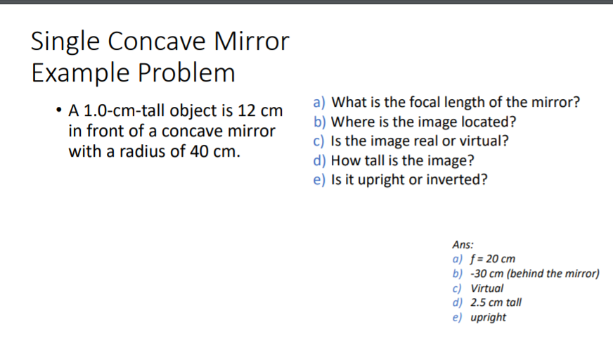 Solved Single Concave Mirror Example Problem a) What is the | Chegg.com