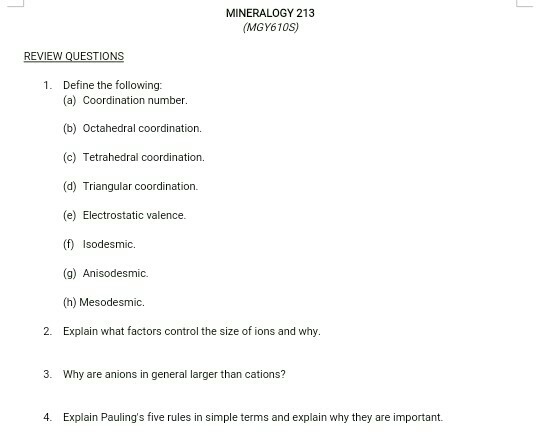 Solved MINERALOGY 213 (MGY610S) REVIEW QUESTIONS 1. Define | Chegg.com