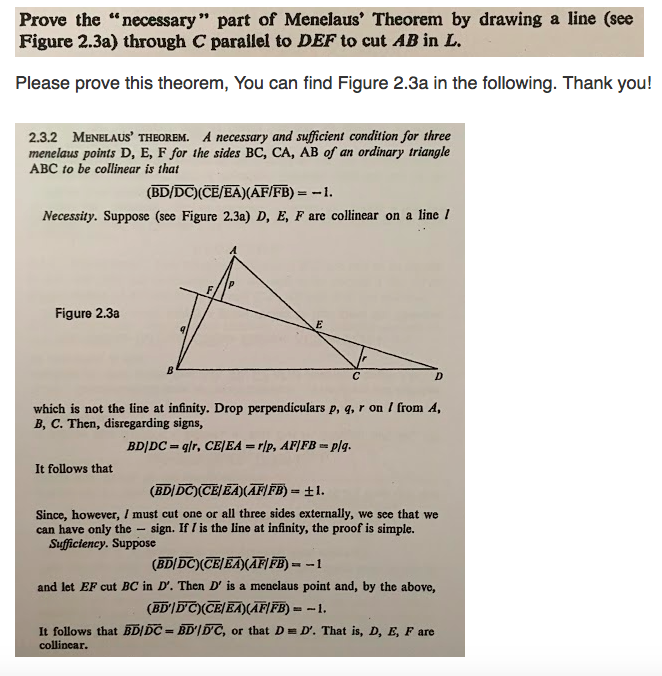 Prove the "necessary" part of Menelaus' Theorem by | Chegg.com