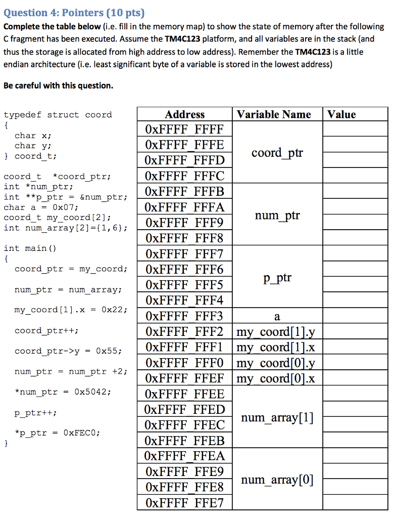 Solved Question 4: Pointers (10 pts) Complete the table | Chegg.com