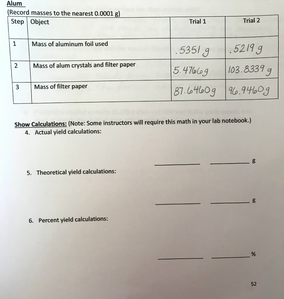 Solved Alum (Record masses to the nearest 0.0001 g) Step | Chegg.com
