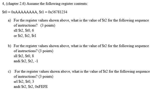 Solved Assume the register contents: For the register | Chegg.com