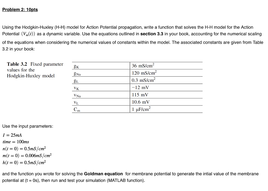 blem 2: 10pts Using the Hodgkin-Huxley (H-H) model | Chegg.com
