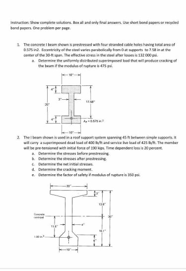 Solved The concrete I beam shown is prestressed with four | Chegg.com