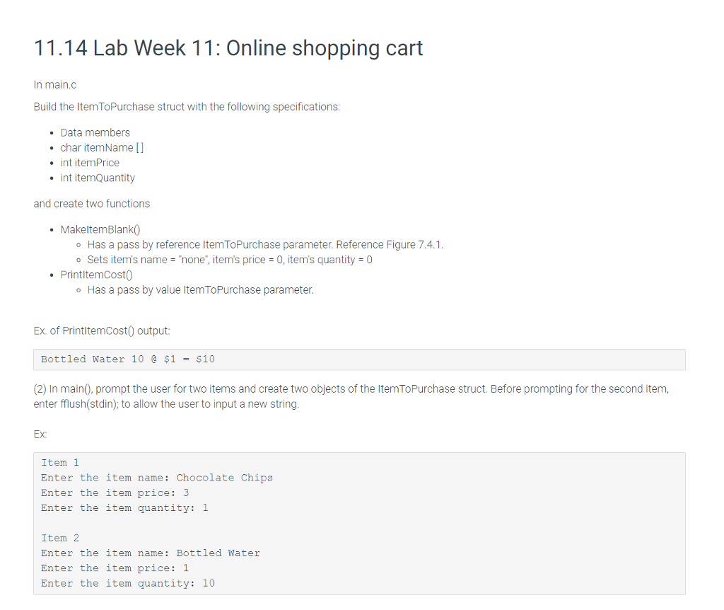 Solved 11.14 Lab Week 11: Online shopping cart In main.c | Chegg.com