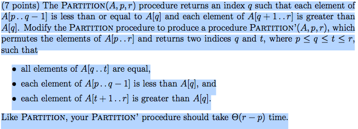 Solved The PARTITION(A p,r) procedure returns an index q | Chegg.com