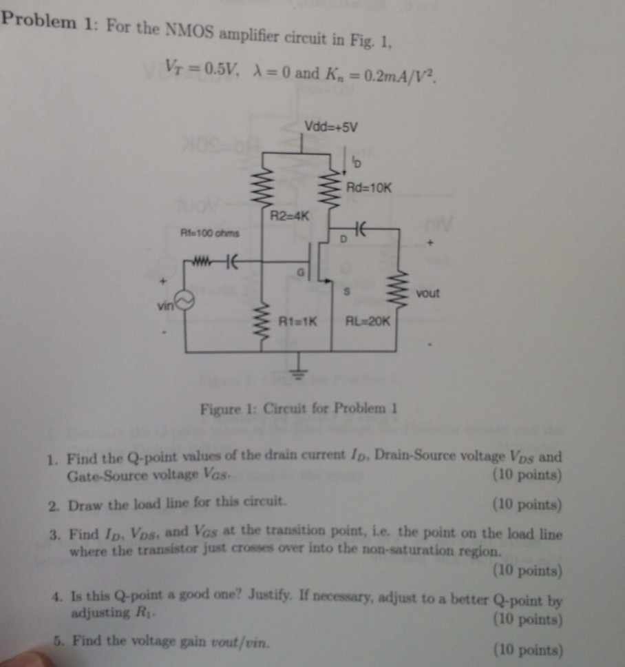 Solved Problem 1: For the NMOS amplifier circuit in Fig. 1, | Chegg.com