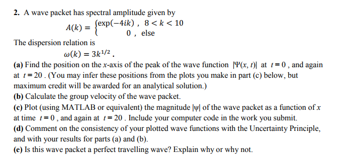 2. A wave packet has spectral amplitude given by A(k) | Chegg.com