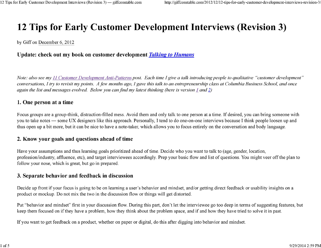 Solved 12 Tips for Early Customer Development Interviews | Chegg.com