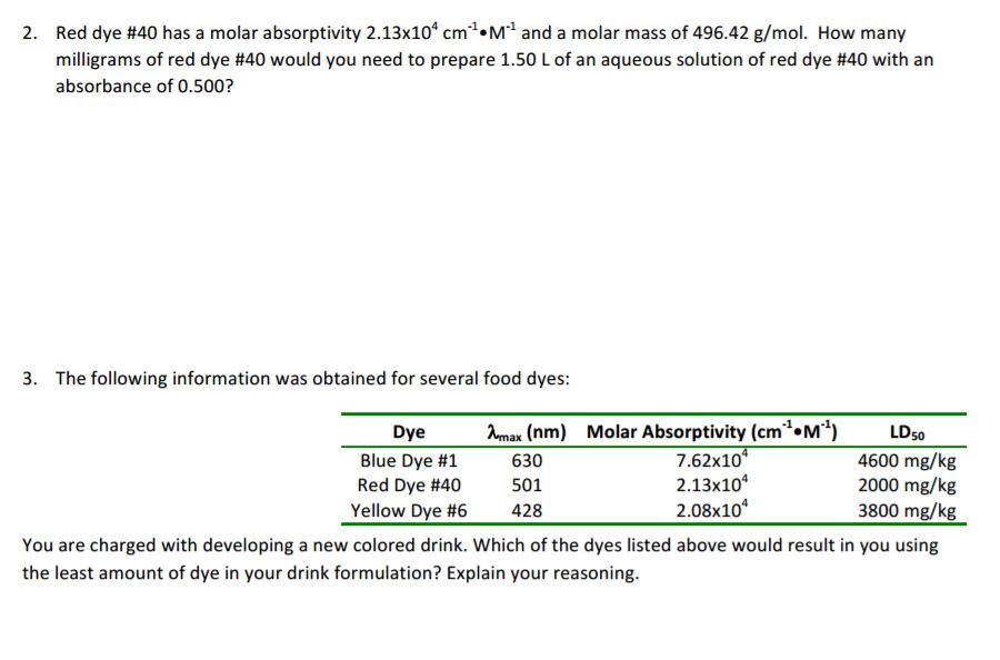 Solved Red dye #40 has a molar absorptivity 2.13 times 10^4 | Chegg.com