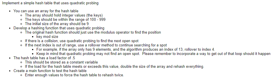Solved Implement a simple hash table that uses quadratic | Chegg.com