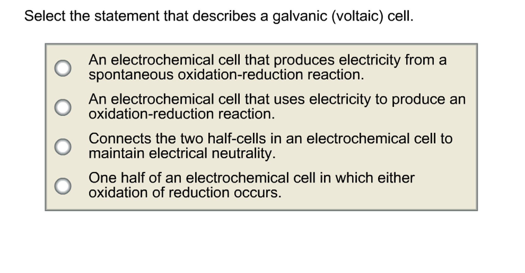Solved Select the statement that describes a galvanic | Chegg.com Solved Select the statement that describes a galvanic | Chegg.com