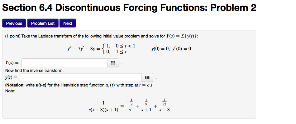 Solved Section 6.4 Discontinuous Forcing Functions: Problem | Chegg.com