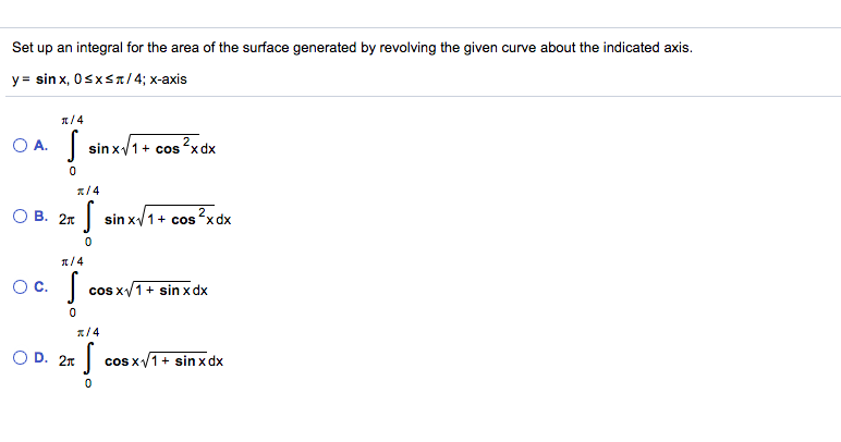 Solved Set up an integral for the area of the surface | Chegg.com