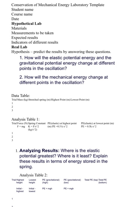 Solved Conservation of Mechanical Energy Laboratory Template | Chegg.com