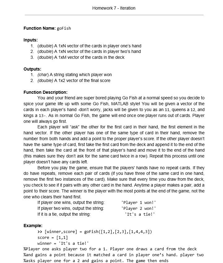 Solved Homework 7 Iteration Function Name: goFish Inputs 1. | Chegg.com