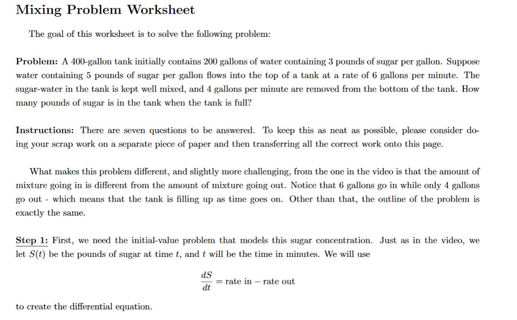 Solved Mixing Problem Worksheet The goal of this worksheet | Chegg.com